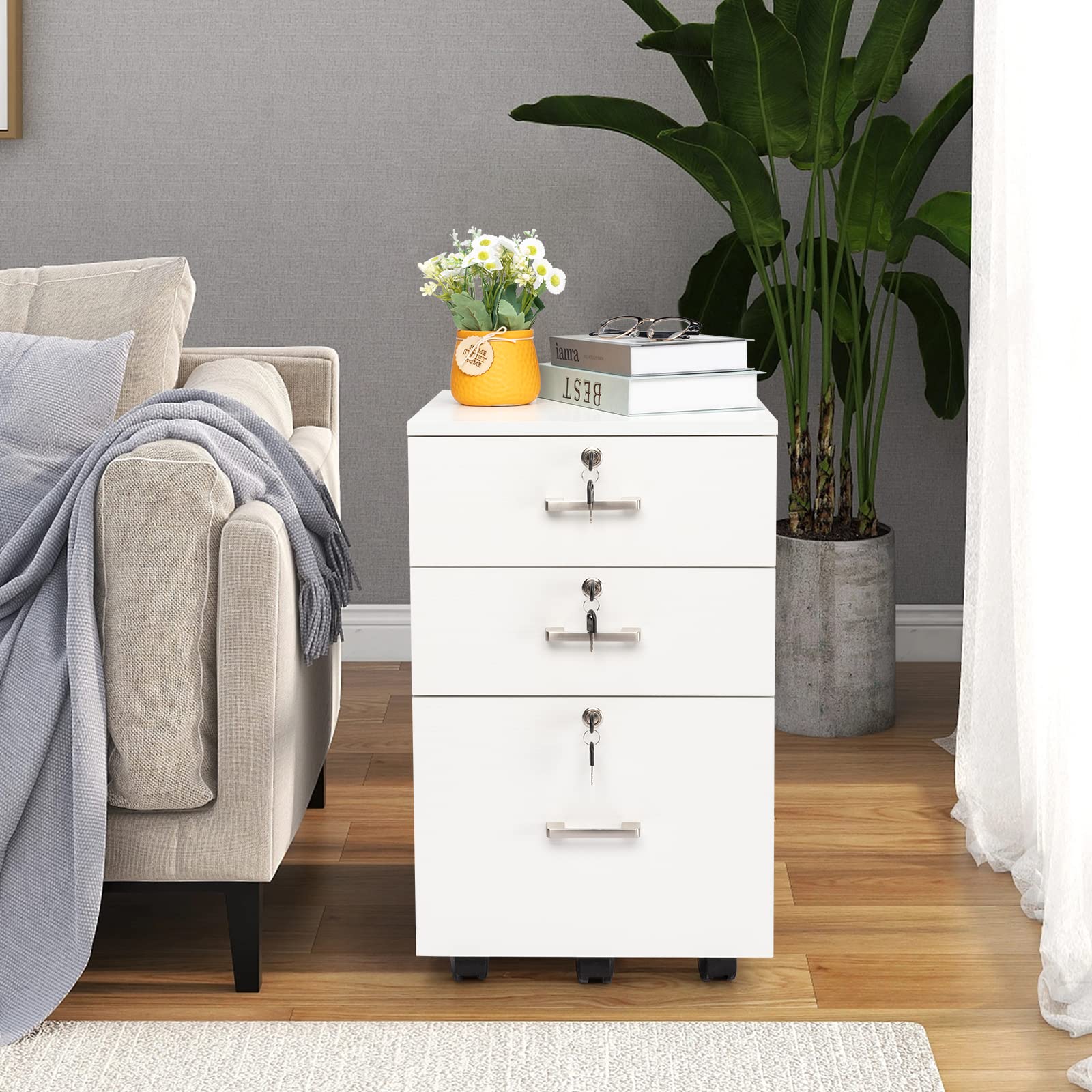 Bonnlo 26" H 3 Drawer File Cabinet with Lock, Rolling File Cabinet Under Desk, Mobile File Cabinets for Home Office, Wood White File Cabinet Printer Stand for Letter Size Hanging/Manila File Folders