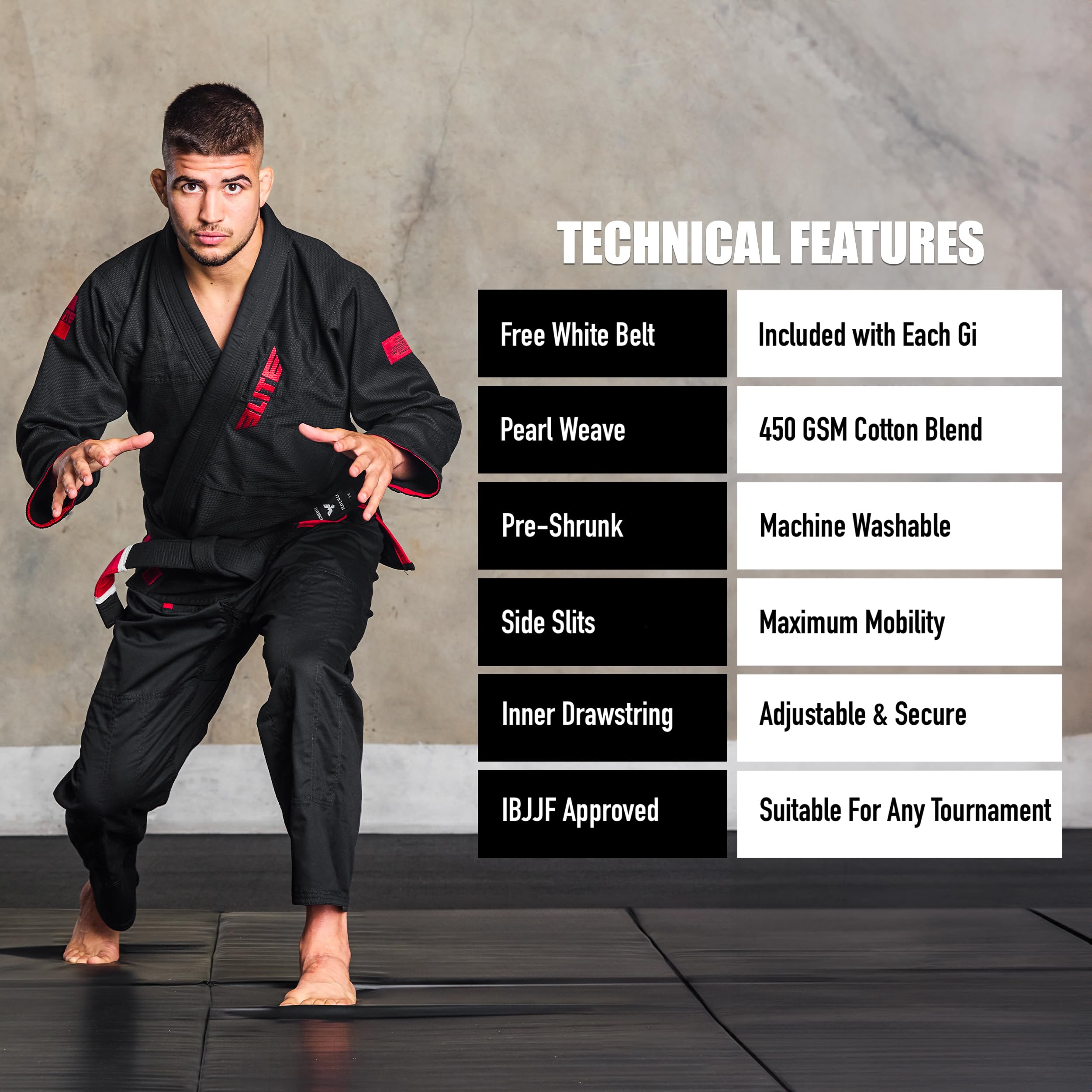 Elite Sports Bjj Gi for Men - Brazilian Jiu Jitsu Gi - Preshrunk sweat wicking Fabric - Machine washable - Free white Belt