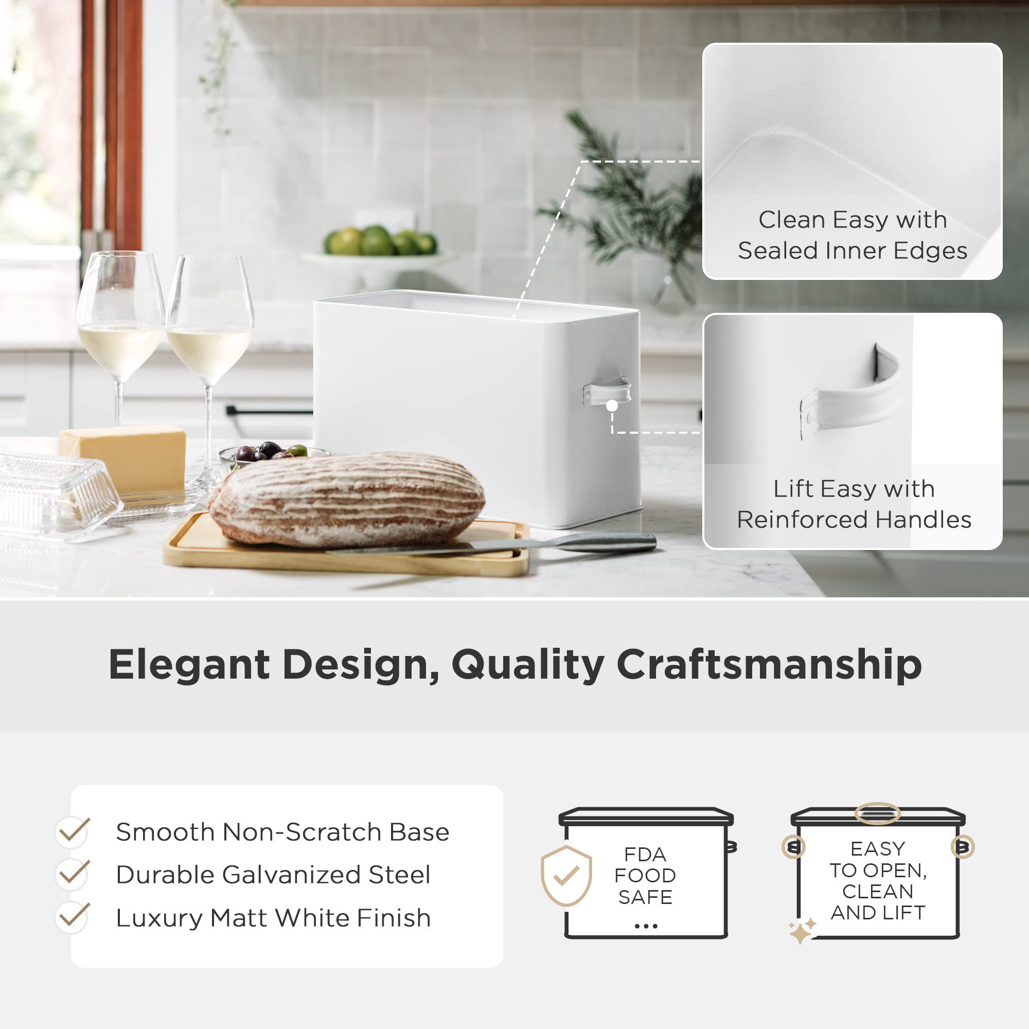 Extra Large Bread Box White - Modern Farmhouse Bread Box with Cutting Board Lid, Metal Bread Boxes for Kitchen Counter, Big Bread Box Holds 2+ Loaves, Air Vents to Keep Bread Fresh, Bread Holder