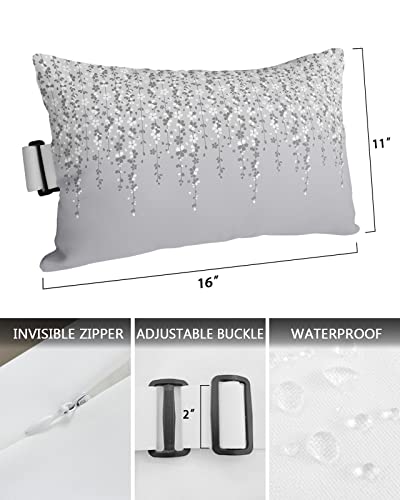 Recliner Head Pillow Ledge Loungers Chair Pillows with Insert Spring Cherry Blossom Grey White Gradient Lumbar Pillow with Adjustable Strap Outdoor Waterproof Patio Pillows for Beach Pool, 2 PCS