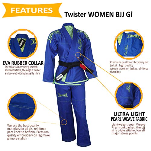 Twister Women Brazilian Jiu Jitsu Gi Preshrunk Premium Quality Fabric Comes with White Belts & Gi Bag… (W1, Blue)