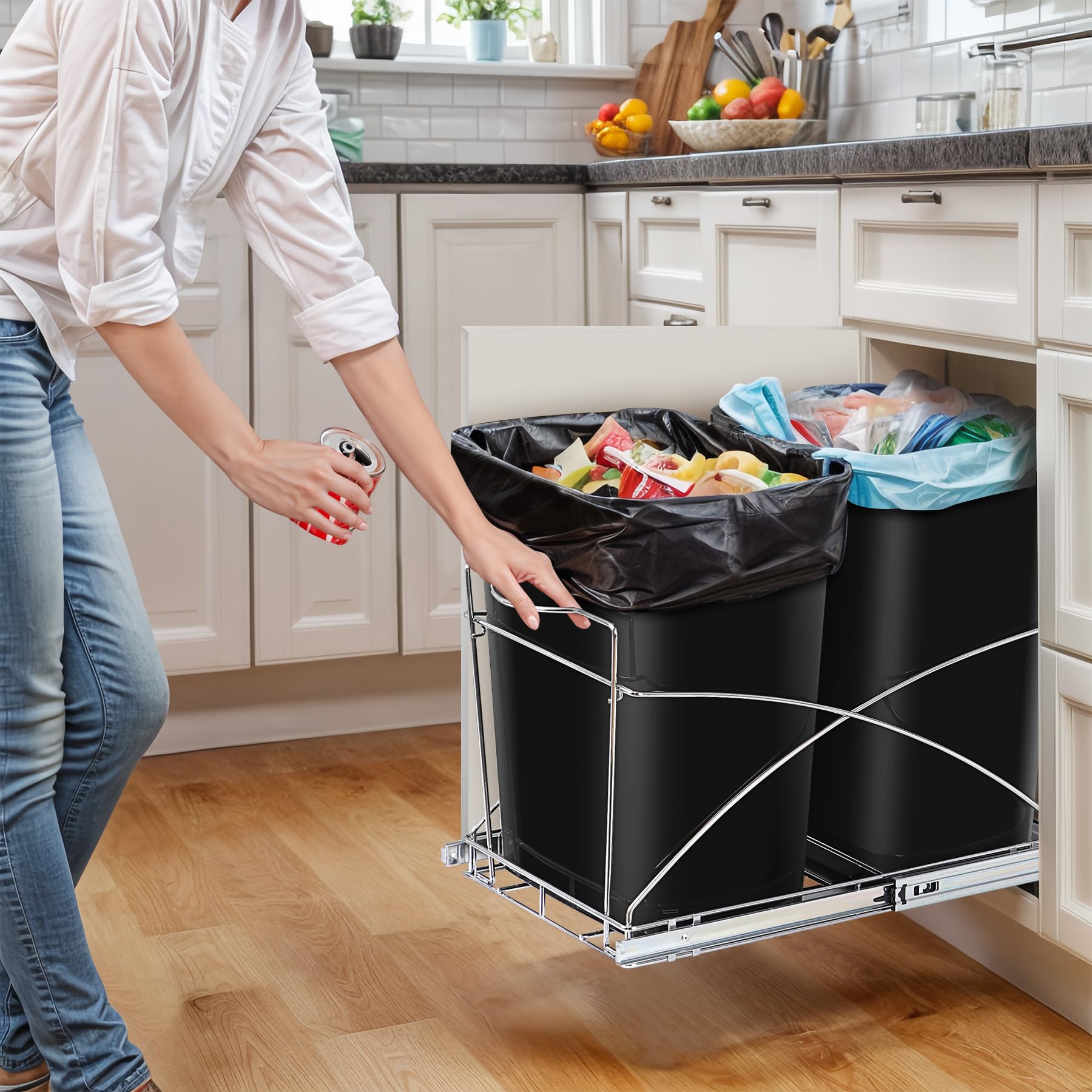 JupiterForce Double 35 Quart Sliding Pull Out Garbage Recycle Bin Kitchen Trash Can Container Under Cabinet Design for Home Kitchen, Black