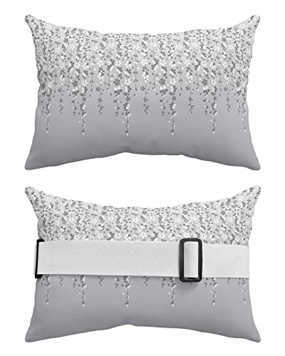 Recliner Head Pillow Ledge Loungers Chair Pillows with Insert Spring Cherry Blossom Grey White Gradient Lumbar Pillow with Adjustable Strap Outdoor Waterproof Patio Pillows for Beach Pool, 2 PCS