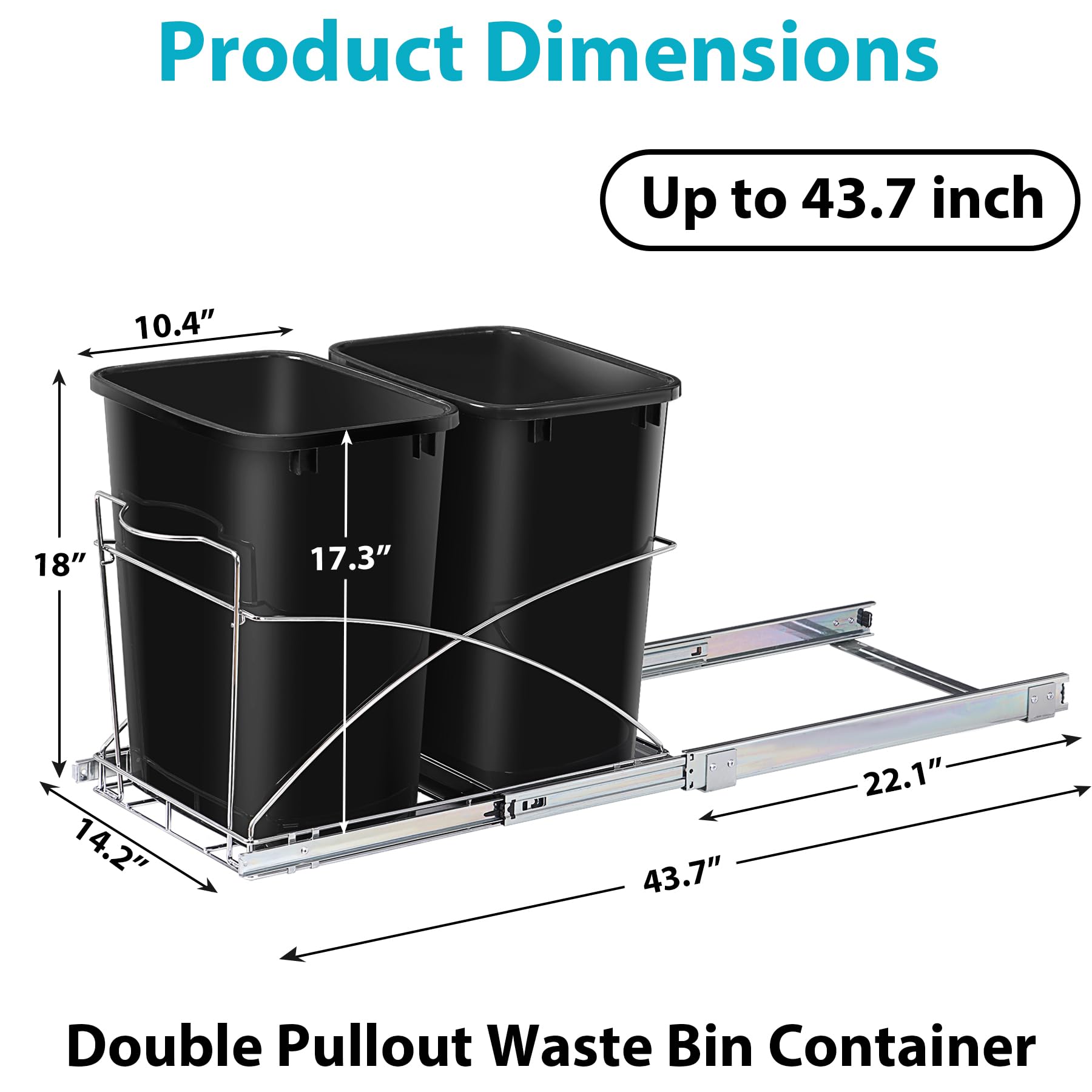 JupiterForce Double 35 Quart Sliding Pull Out Garbage Recycle Bin Kitchen Trash Can Container Under Cabinet Design for Home Kitchen, Black