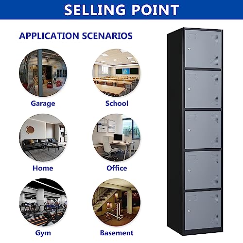 BYNSOE Metal Locker 5 Doors 71" Employees Locker Storage Cabinet Locker School Hospital Gym Locker Requires Assembly (Black Gray 5 Door-71)