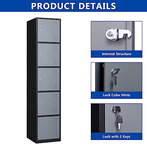 BYNSOE Metal Locker 5 Doors 71" Employees Locker Storage Cabinet Locker School Hospital Gym Locker Requires Assembly (Black Gray 5 Door-71)