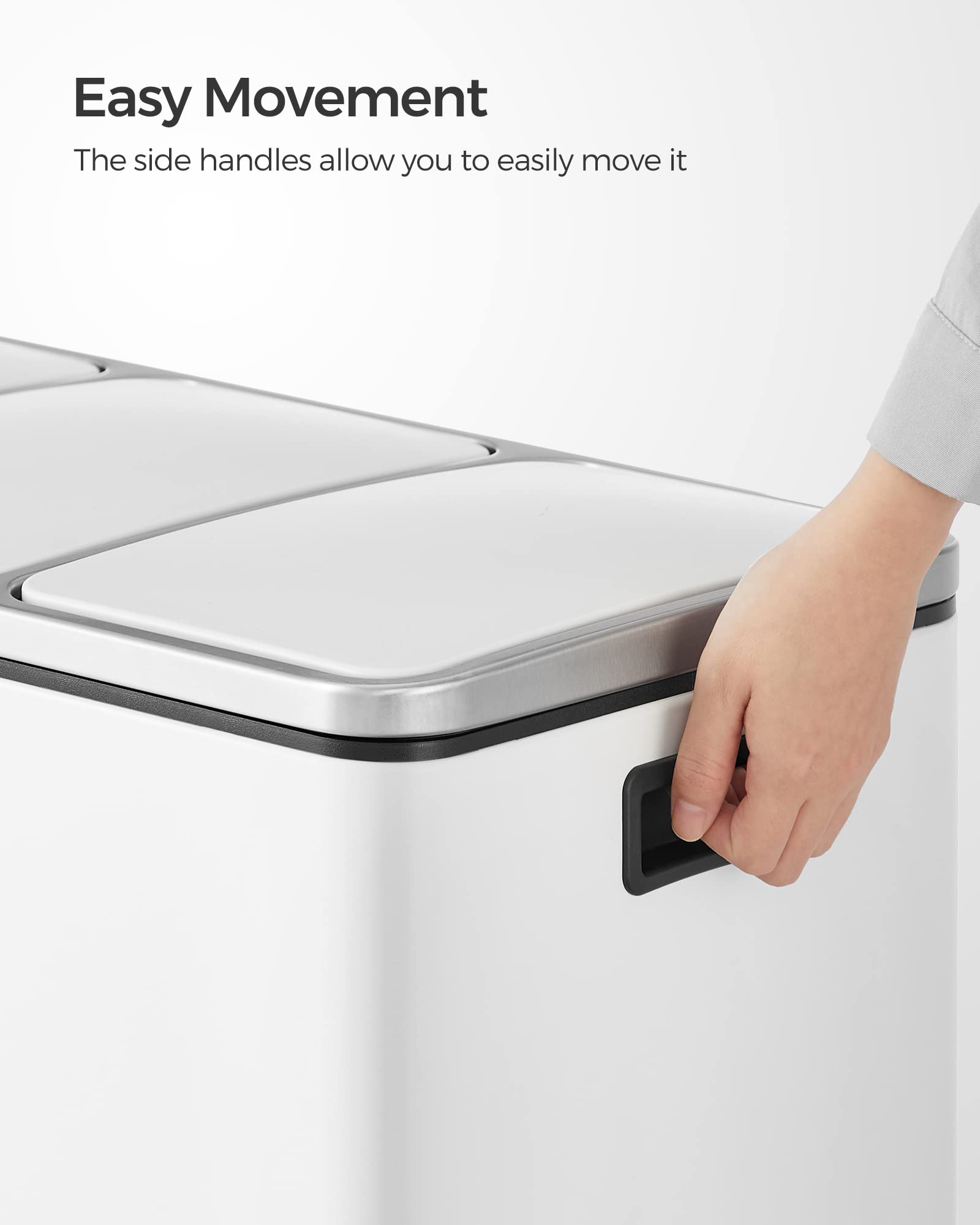 SONGMICS Trash Can, 3 x 4.8 Gallon Garbage Can, 14.4 Gallon Recycle Bin with Soft-Close Lids, Pedals, and Inner Buckets for Kitchen, Stainless Steel, White ULTB154W01