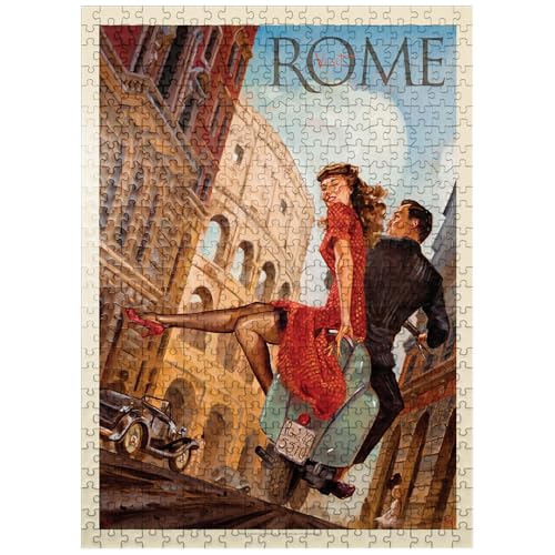MyPuzzle Italy: Rome by Vespa, Vintage Poster - Premium 500 Piece Jigsaw Puzzle for Adults