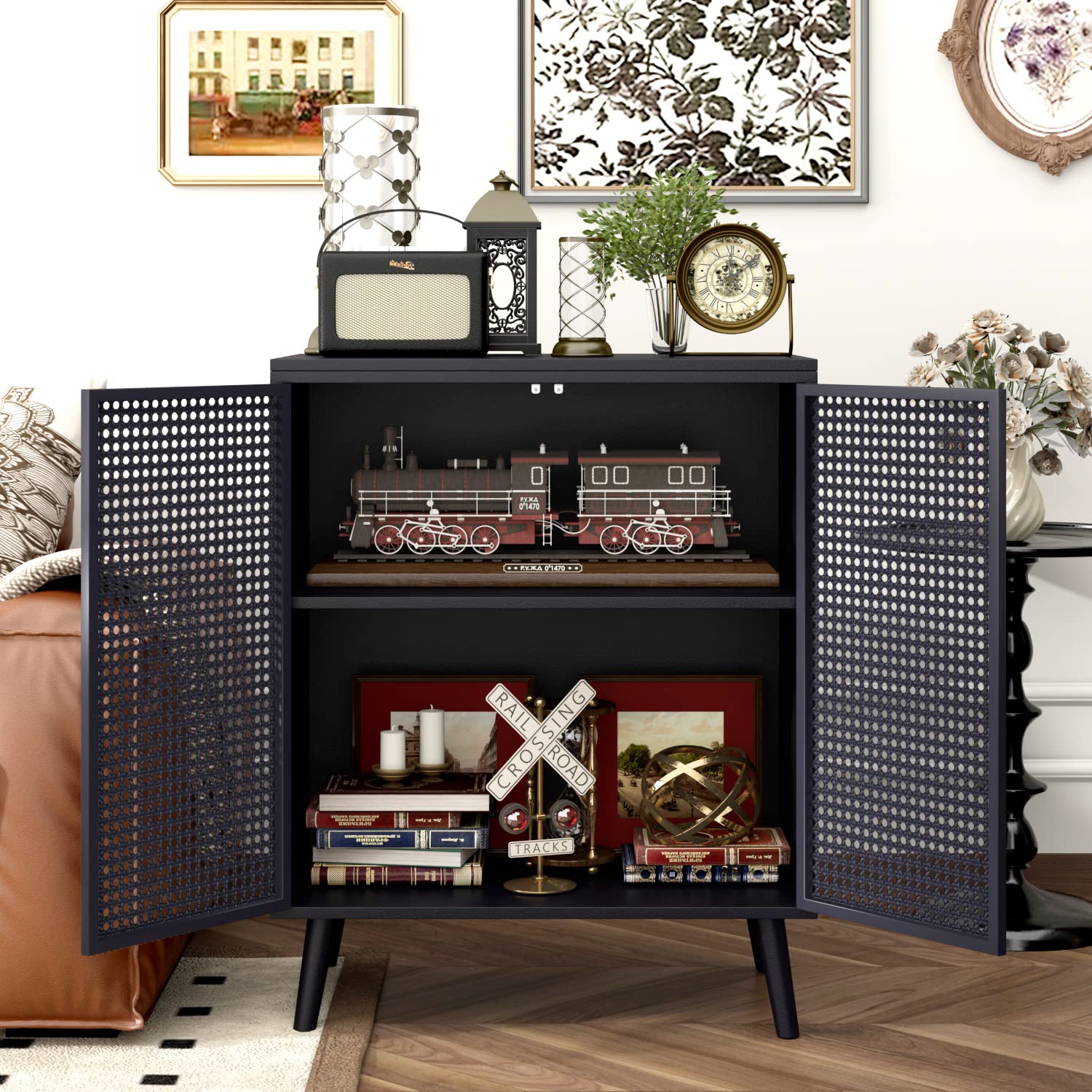 JZXSHD Metal Rattan Accent Cabinet - 2 Door Buffet Storage for Kitchen, Living Room and Hallway, Black