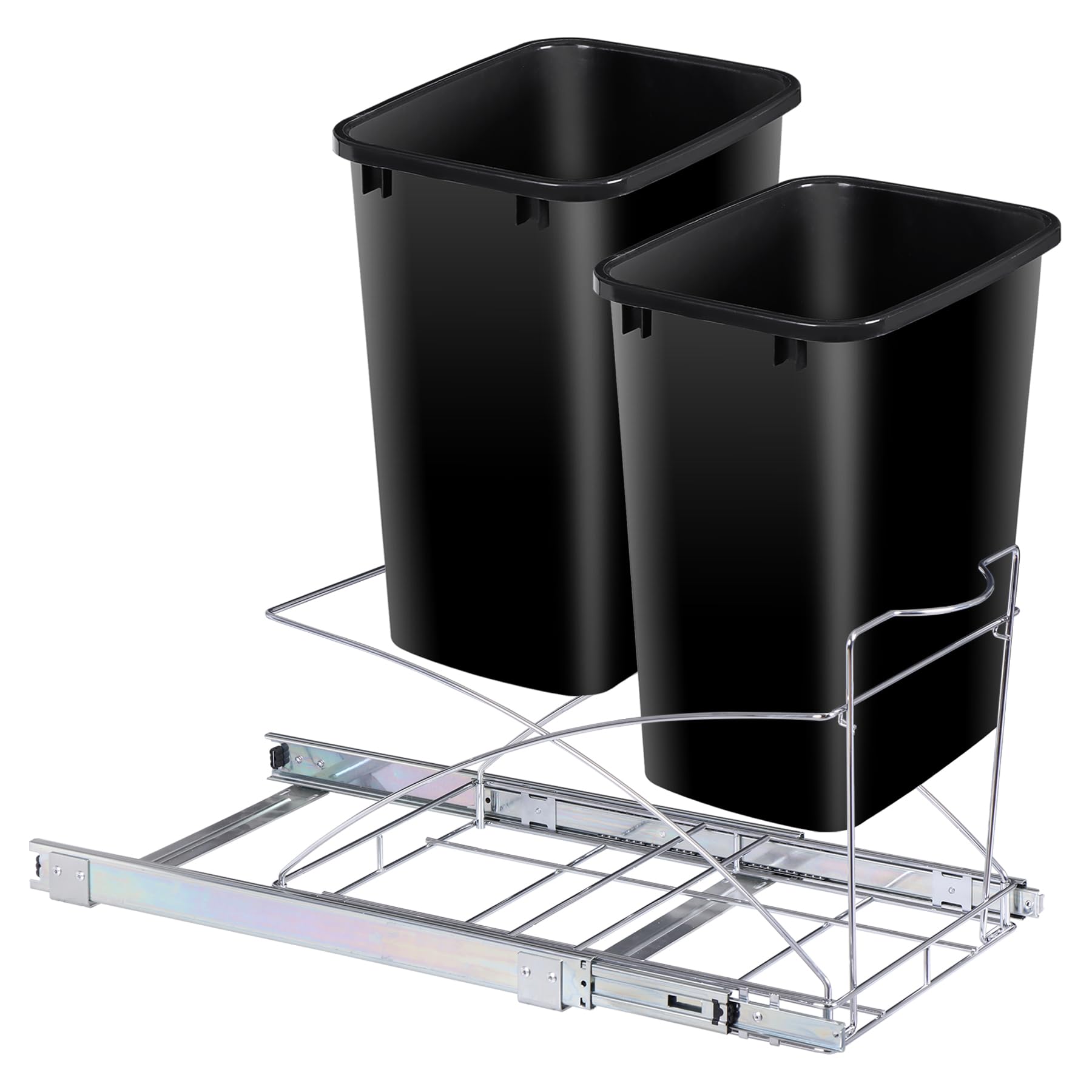 JupiterForce Double 35 Quart Sliding Pull Out Garbage Recycle Bin Kitchen Trash Can Container Under Cabinet Design for Home Kitchen, Black
