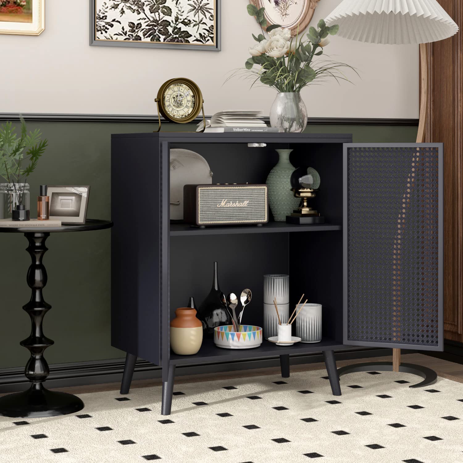 JZXSHD Metal Rattan Accent Cabinet - 2 Door Buffet Storage for Kitchen, Living Room and Hallway, Black
