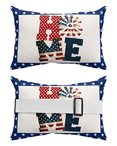 Recliner Head Pillow Ledge Loungers Chair Pillows with Insert Independence Day Farmhouse Home American Flag Lumbar Pillow with Adjustable Strap Outdoor Waterproof Patio Pillows for Beach Pool, 2 PCS