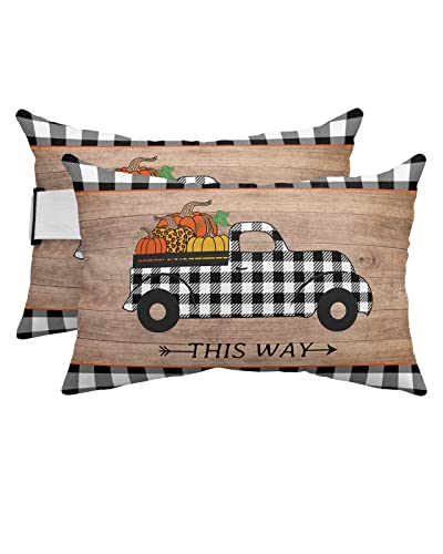 Recliner Head Pillow Ledge Loungers Chair Pillows with Insert Truck Carry Pumpkin Black Plaid Wooden Board Lumbar Pillow with Adjustable Strap Outdoor Waterproof Patio Pillows for Beach Pool, 2 PCS
