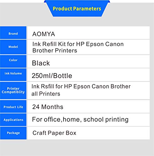 Aomya Black Ink Refill Kit 250ml Universal Dye Bulk Ink for Canon HP Epsn Brother Inkjet Printers Refillable Cartridge CISS CIS System (9 oz) with Syringe&Glove