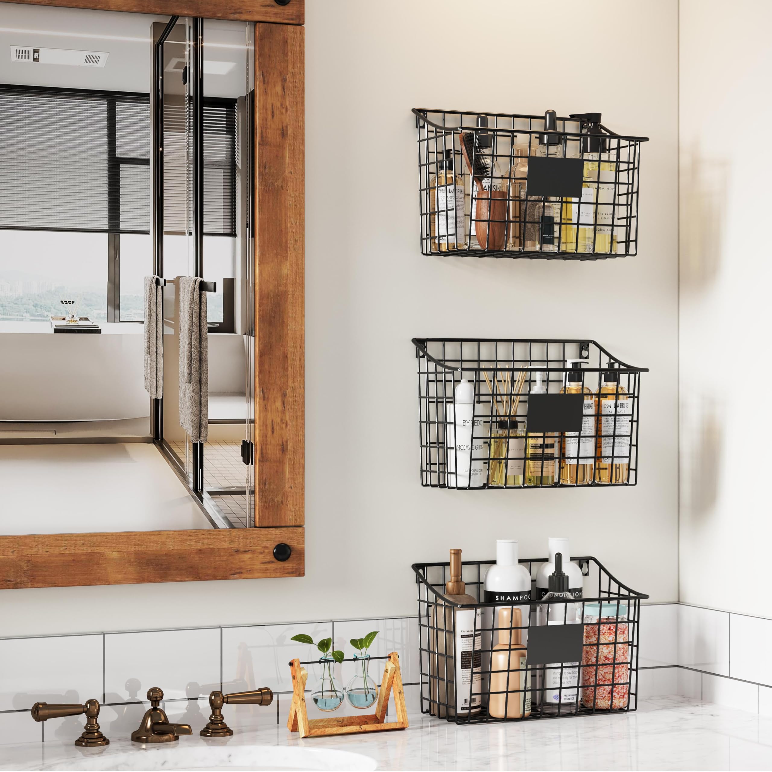 Wall Mounted Bin Basket with 5 Hooks 3 Label Plate Adhesive-3 Pack, Cabinet Hanging Metal Wire Basket,Rustic Farmhouse Decor, Storage Organization Shelf for Pantry Kitchen Bathroom 10.6*7.5*5.1inch