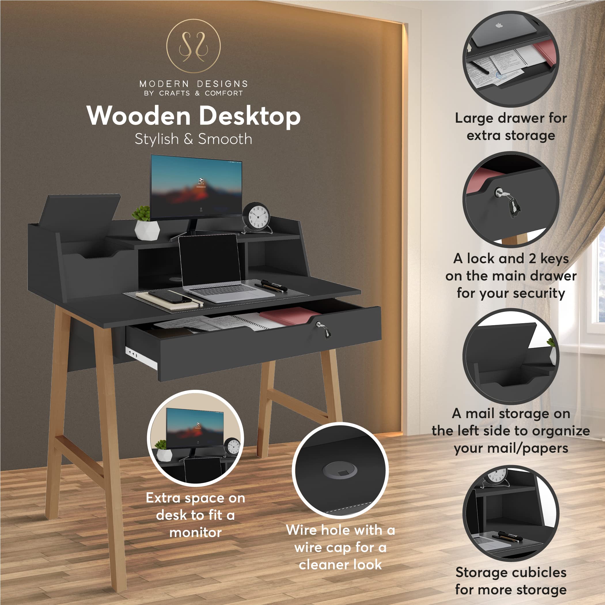 Modern Design Roma Small Desk for Bedroom, 40 inch Black Writing Desk with Hutch and Locking Drawer, by Crafts and Comfort