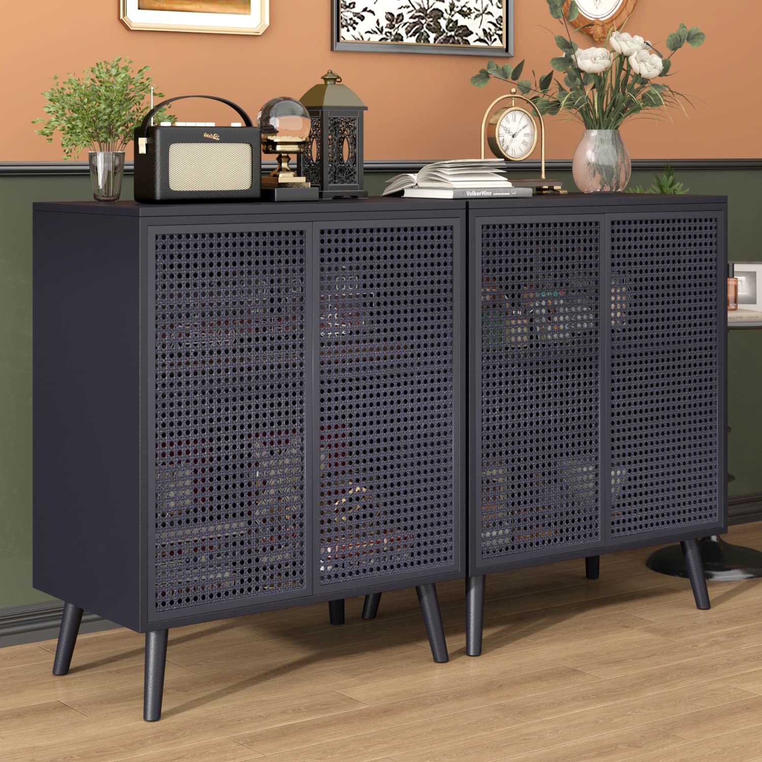 JZXSHD Metal Rattan Accent Cabinet - 2 Door Buffet Storage for Kitchen, Living Room and Hallway, Black