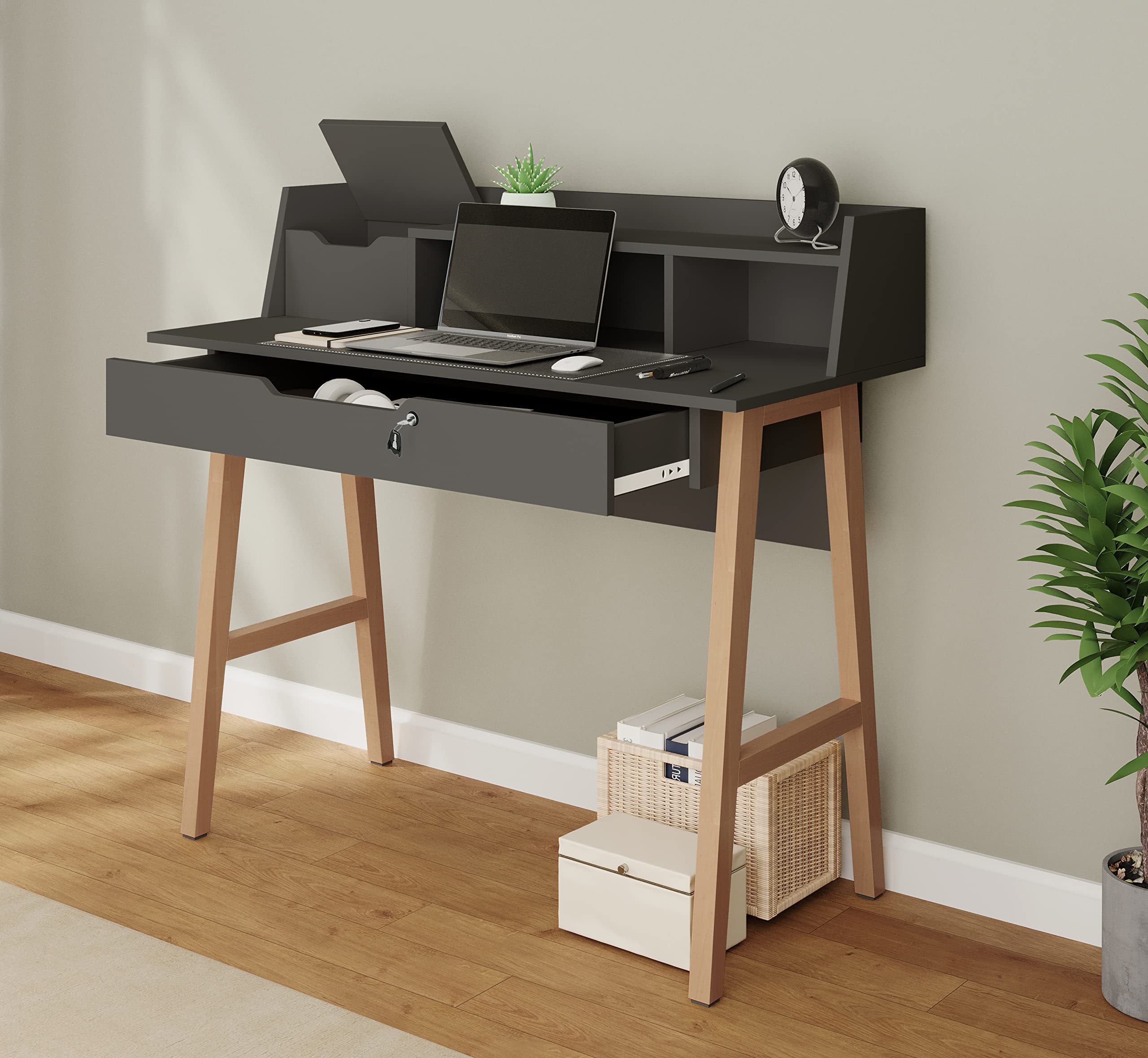 Modern Design Roma Small Desk for Bedroom, 40 inch Black Writing Desk with Hutch and Locking Drawer, by Crafts and Comfort