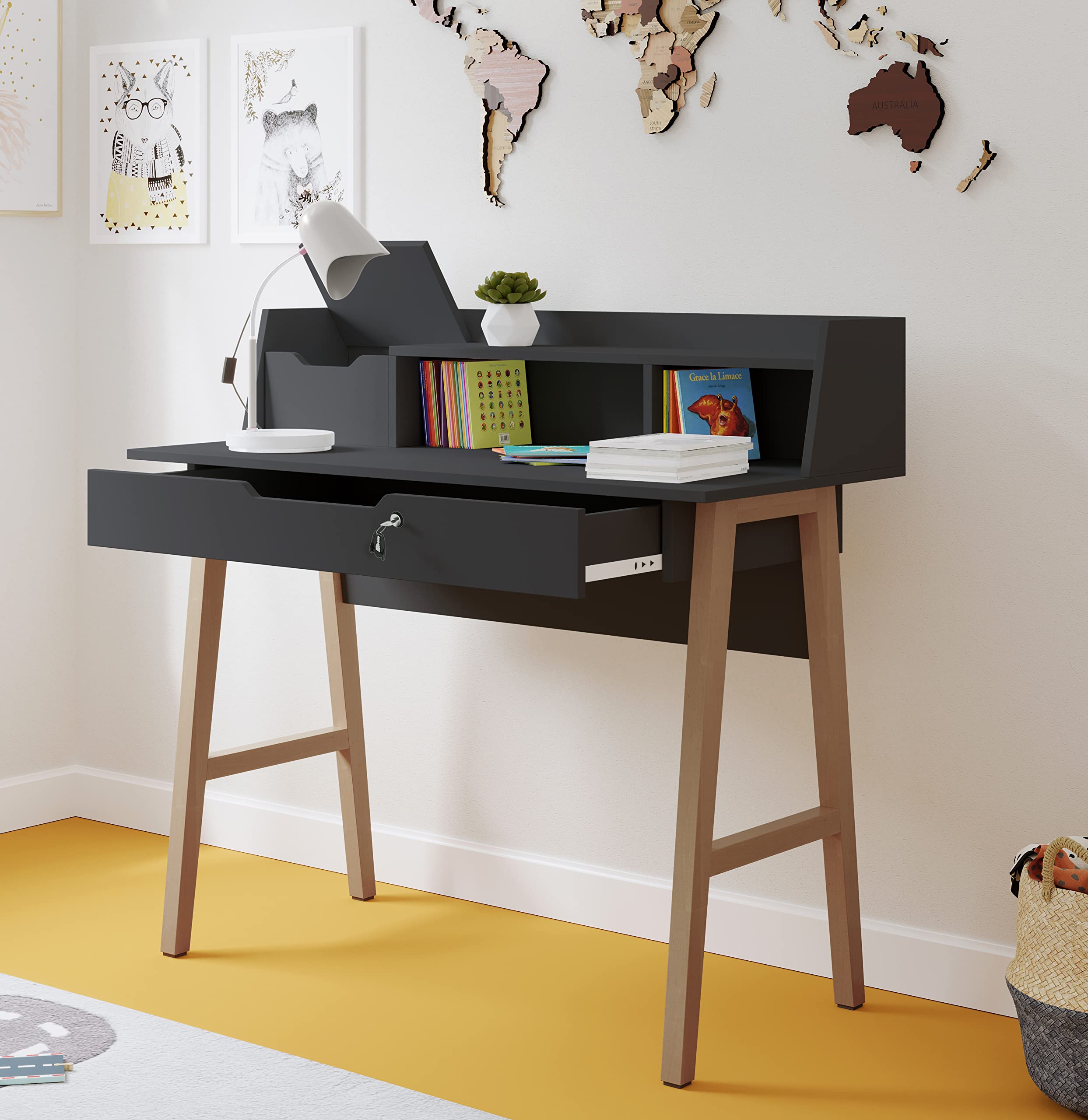 Modern Design Roma Small Desk for Bedroom, 40 inch Black Writing Desk with Hutch and Locking Drawer, by Crafts and Comfort