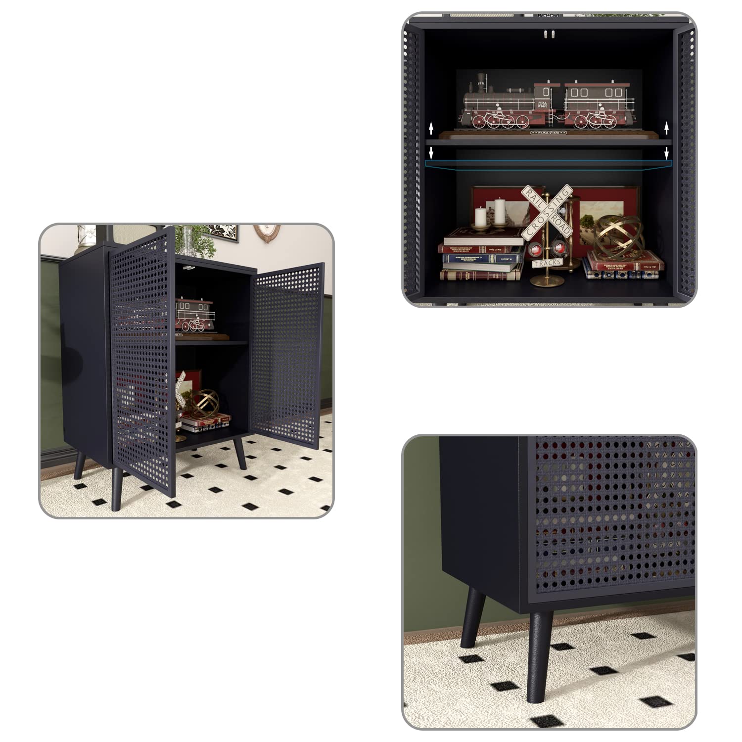 JZXSHD Metal Rattan Accent Cabinet - 2 Door Buffet Storage for Kitchen, Living Room and Hallway, Black