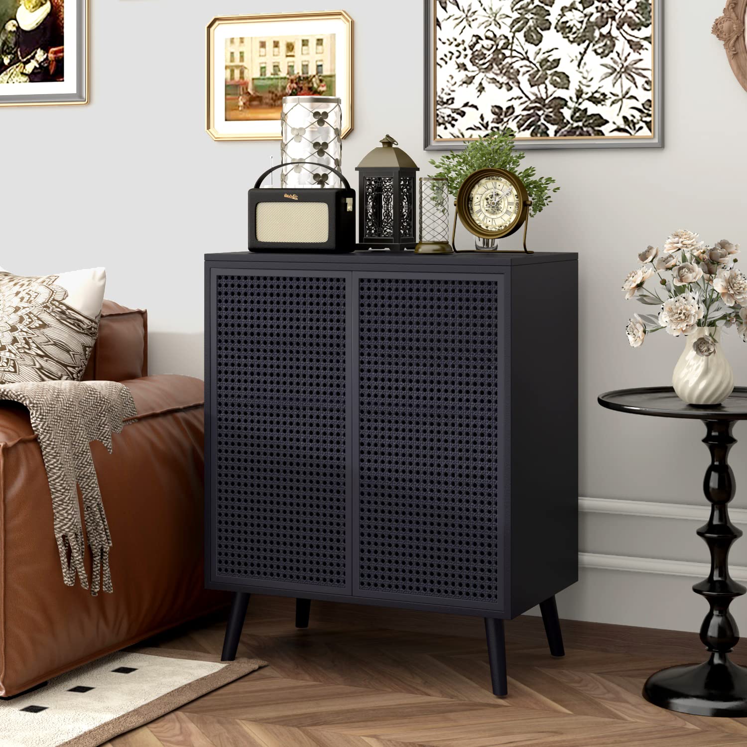 JZXSHD Metal Rattan Accent Cabinet - 2 Door Buffet Storage for Kitchen, Living Room and Hallway, Black