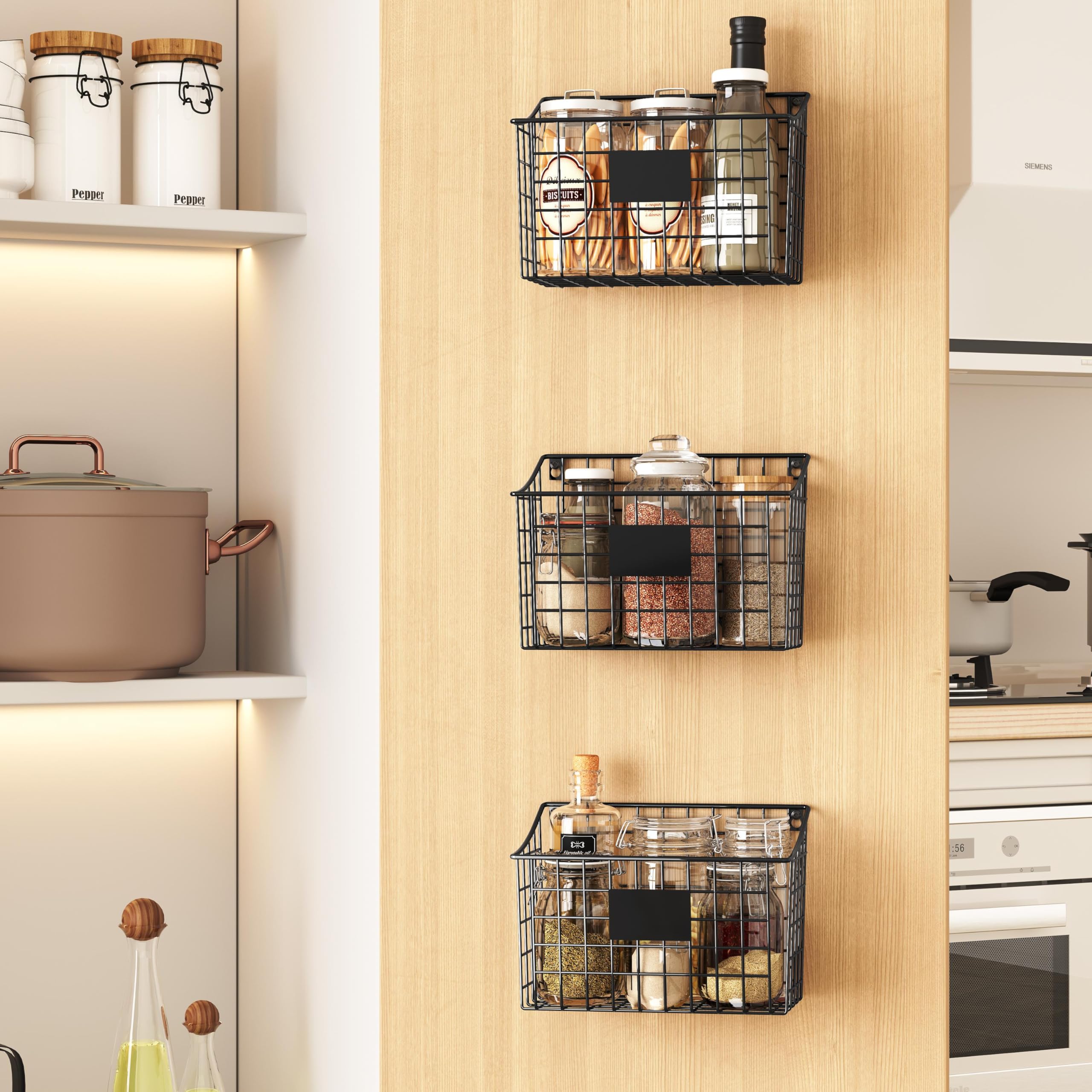 Wall Mounted Bin Basket with 5 Hooks 3 Label Plate Adhesive-3 Pack, Cabinet Hanging Metal Wire Basket,Rustic Farmhouse Decor, Storage Organization Shelf for Pantry Kitchen Bathroom 10.6*7.5*5.1inch