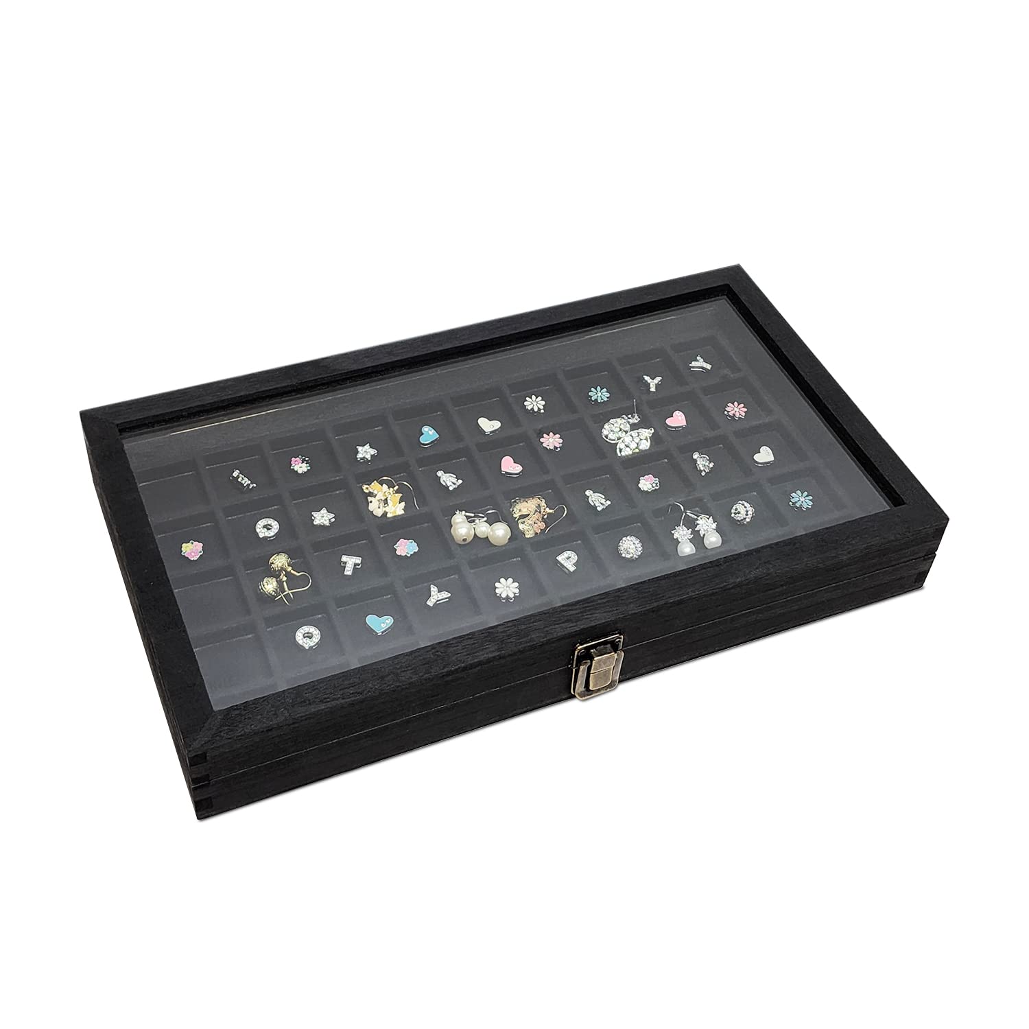 MOOCA Natural Wood Tempered Glass Top Jewelry Display Case Accessories Storage Box with Metal Clasp & Removable 50 Compartment Flocked Tray Liner, Wooden Jewelry Tray for Collectibles, Black