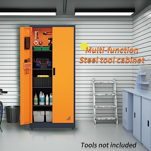 VCGGAIP Metal Storage Cabinet - Garage Storage Cabinet with 2 Doors and 4 Adjustable Shelves,Steel Lockable Garage Cabinets for Office,Home,Garage (Dark Gray and Orange, 71 Inch)