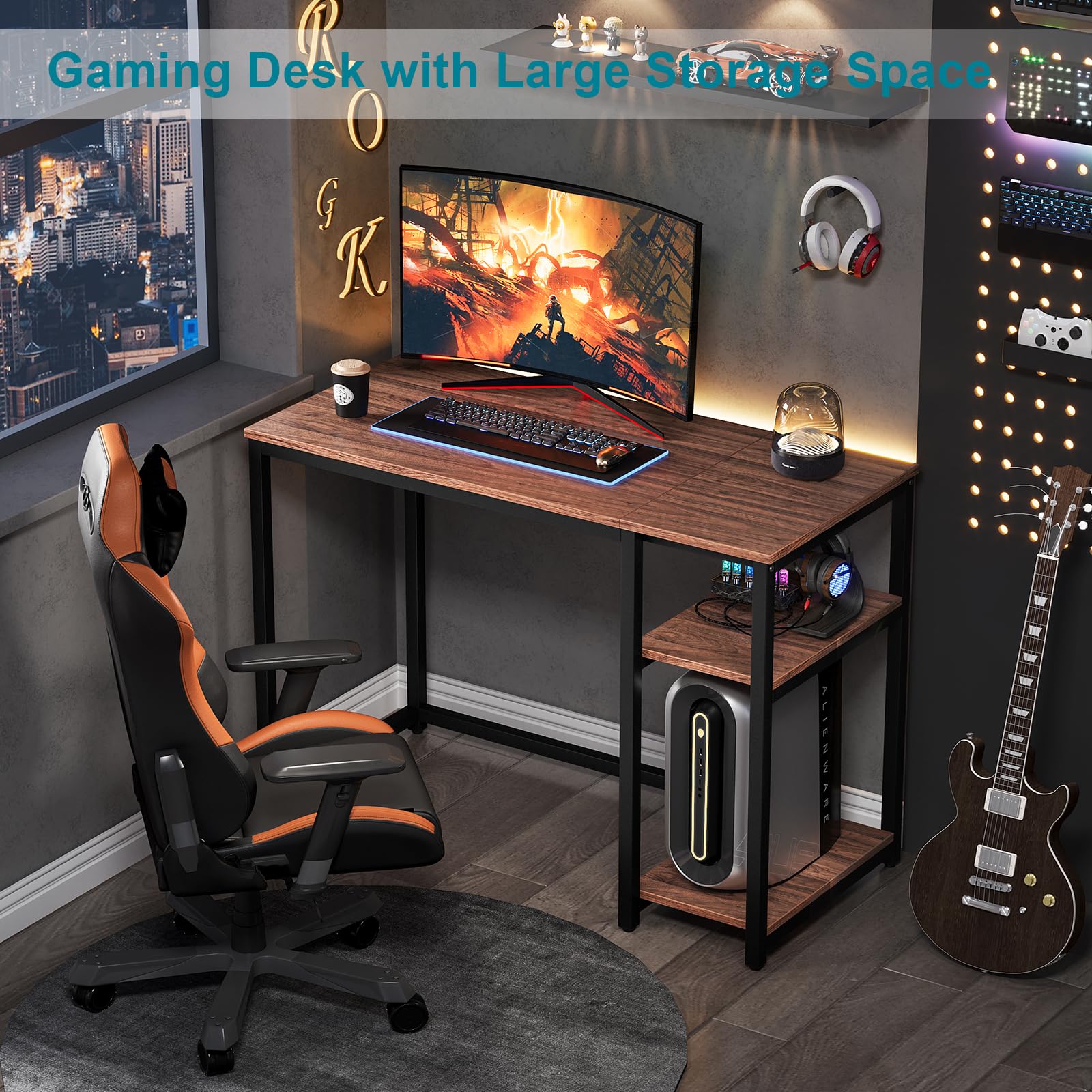 SINPAID Computer Desk 40 inch with 2 Shelves, Sturdy Home Office Desk with Large Storage Space, Modern Gaming Desk, Study Writing Laptop Desk(Brown,40 inch)