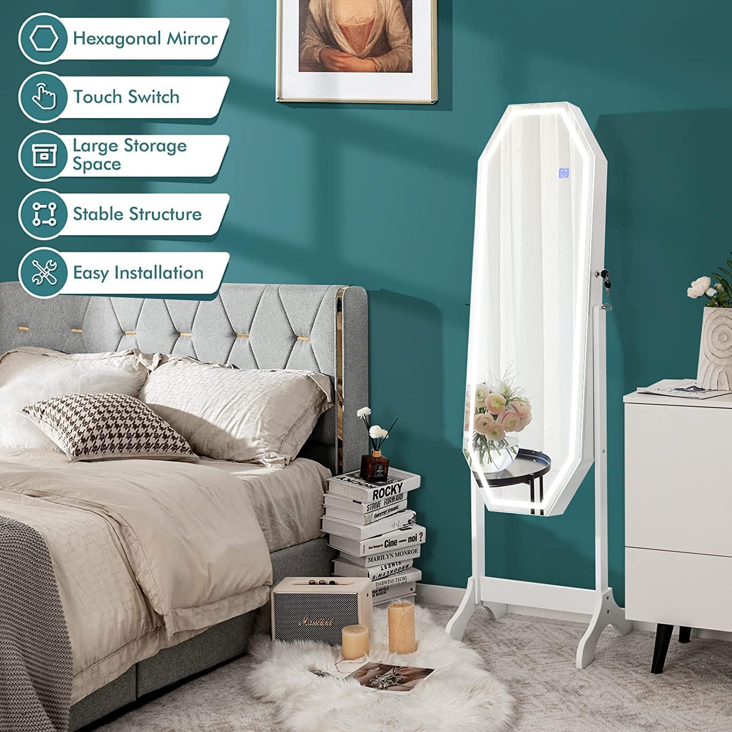 NAFORT Geometric LED Jewelry Cabinet, Standing Full Screen Mirror Vanity Cabinet with 2 Drawers Storage, Lockable Touch Screen Led Lighting, Lockable 2-in-1 Mirror Jewelry Organizer (White)