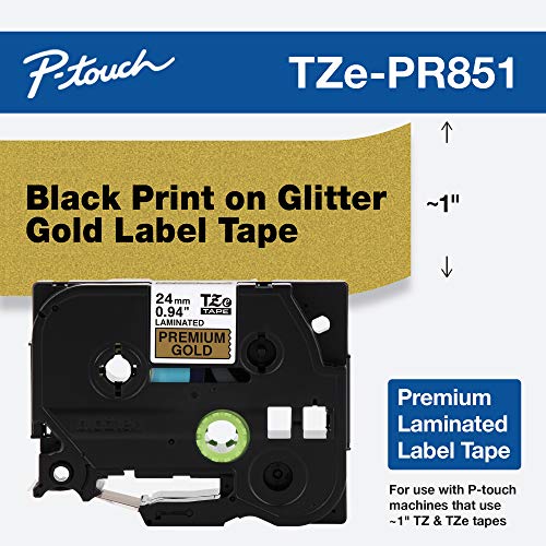Brother P-touch TZe-PR851 Black Print on Premium Glitter Gold Laminated Tape 24mm (0.94β) wide x 8m (26.2β) long