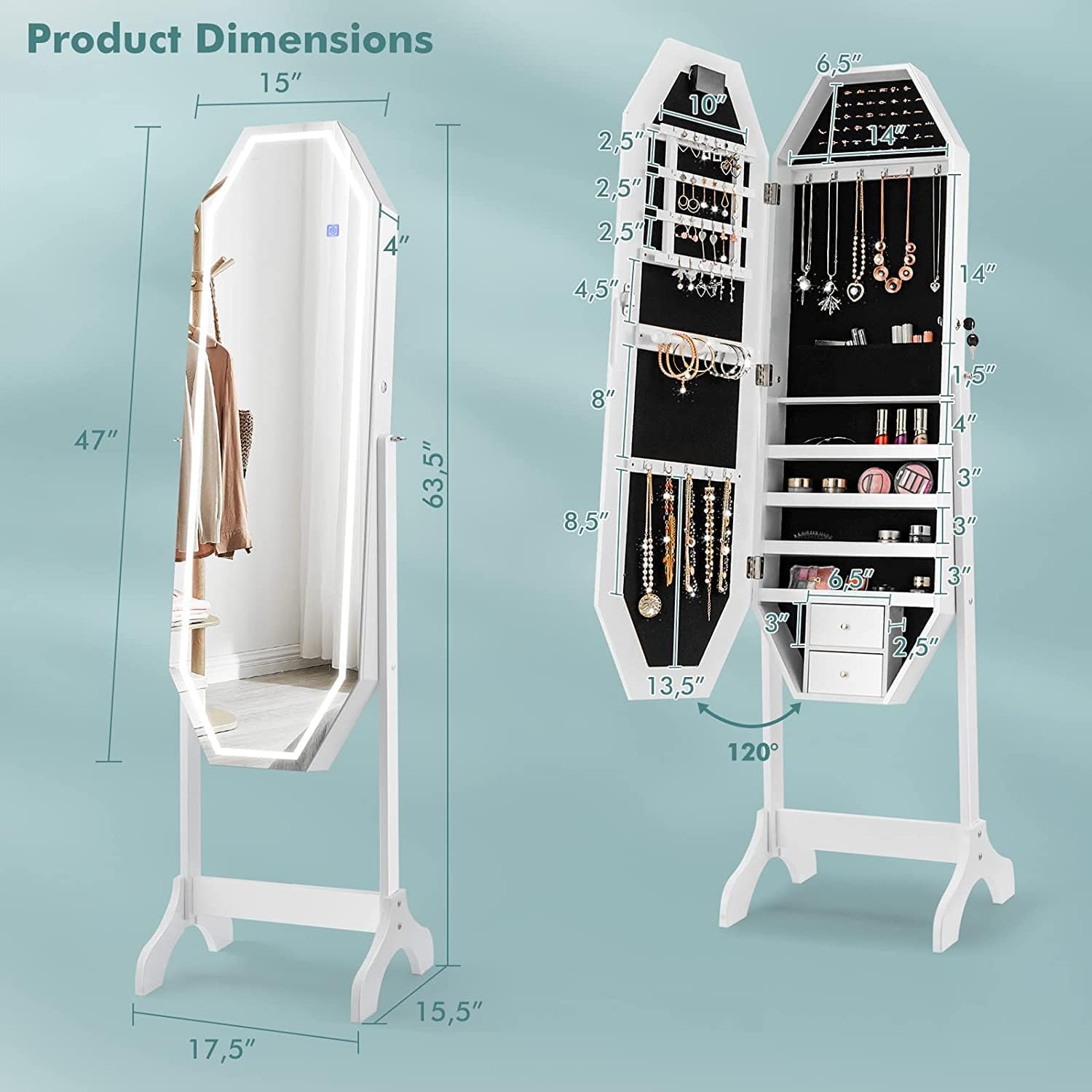 NAFORT Geometric LED Jewelry Cabinet, Standing Full Screen Mirror Vanity Cabinet with 2 Drawers Storage, Lockable Touch Screen Led Lighting, Lockable 2-in-1 Mirror Jewelry Organizer (White)