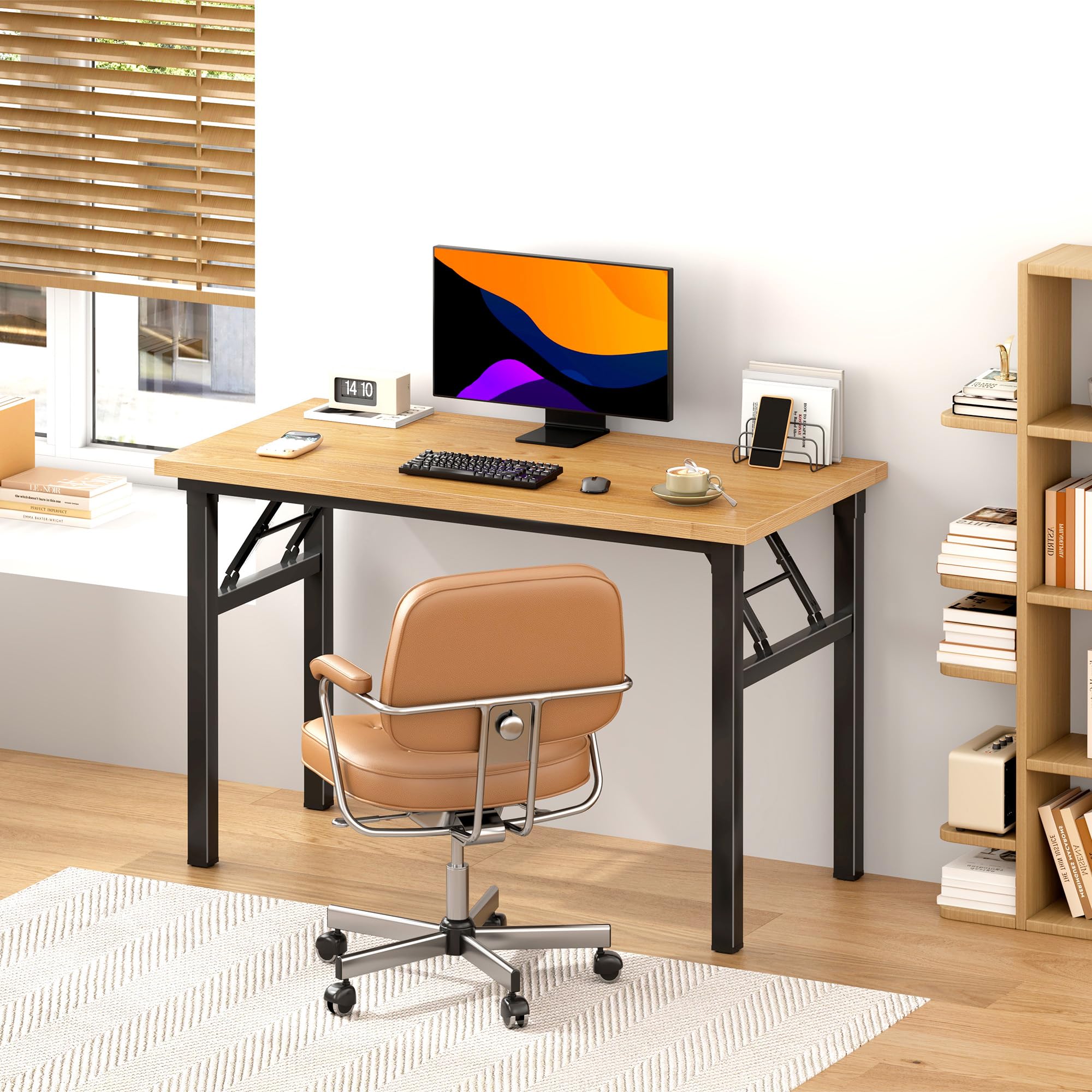 DlandHome Computer Desk Folding Table 39.4 inches Writing Desk for Small Space Study Table Laptop Desk No Assembly Required Teak&Black