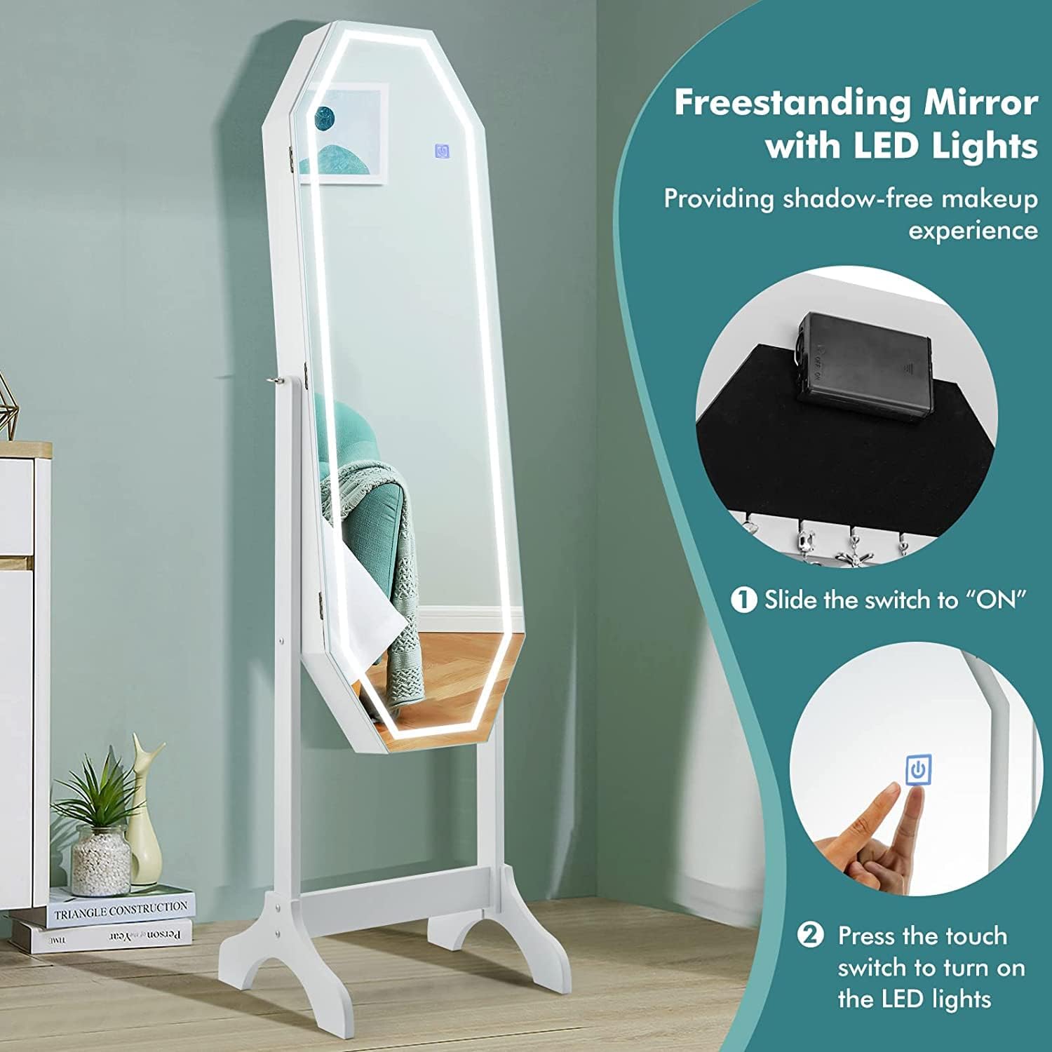 NAFORT Geometric LED Jewelry Cabinet, Standing Full Screen Mirror Vanity Cabinet with 2 Drawers Storage, Lockable Touch Screen Led Lighting, Lockable 2-in-1 Mirror Jewelry Organizer (White)