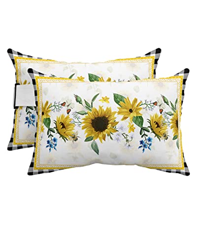 Recliner Head Pillow Ledge Loungers Chair Pillows with Insert Summer Rustic Sunflowers Yellow Black Plaid Lumbar Pillow with Adjustable Strap Outdoor Waterproof Patio Pillows for Beach Pool, 2 PCS