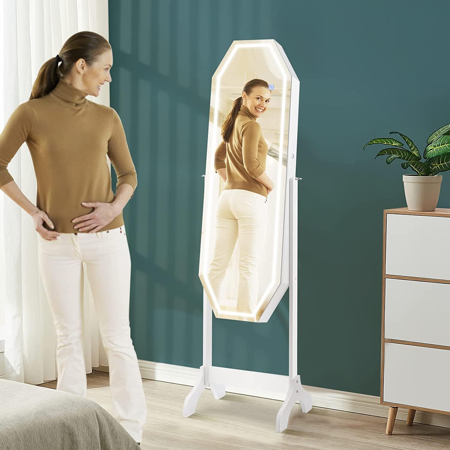 NAFORT Geometric LED Jewelry Cabinet, Standing Full Screen Mirror Vanity Cabinet with 2 Drawers Storage, Lockable Touch Screen Led Lighting, Lockable 2-in-1 Mirror Jewelry Organizer (White)