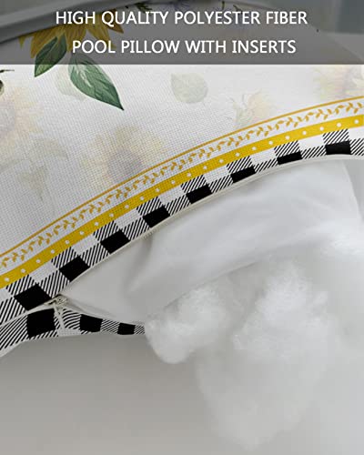 Recliner Head Pillow Ledge Loungers Chair Pillows with Insert Summer Rustic Sunflowers Yellow Black Plaid Lumbar Pillow with Adjustable Strap Outdoor Waterproof Patio Pillows for Beach Pool, 2 PCS
