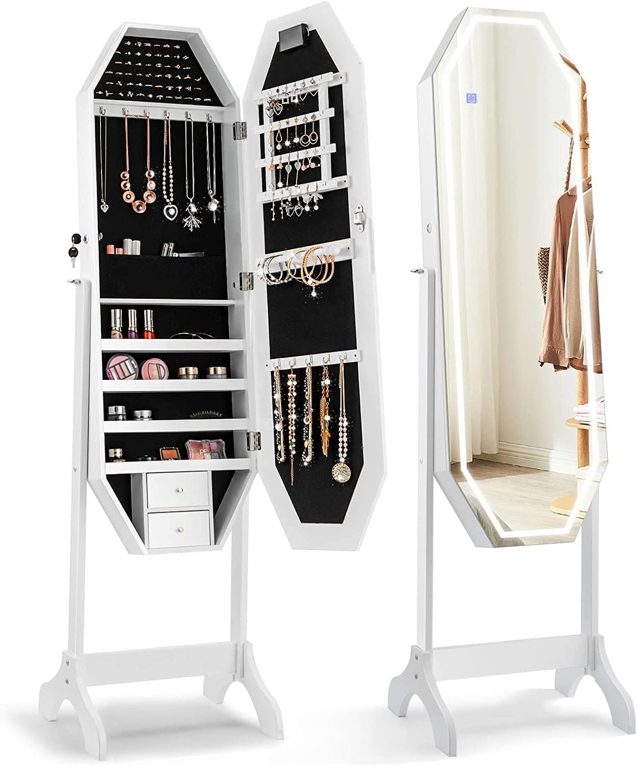 NAFORT Geometric LED Jewelry Cabinet, Standing Full Screen Mirror Vanity Cabinet with 2 Drawers Storage, Lockable Touch Screen Led Lighting, Lockable 2-in-1 Mirror Jewelry Organizer (White)