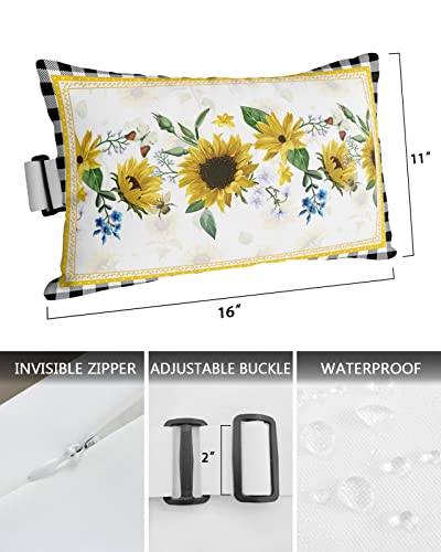 Recliner Head Pillow Ledge Loungers Chair Pillows with Insert Summer Rustic Sunflowers Yellow Black Plaid Lumbar Pillow with Adjustable Strap Outdoor Waterproof Patio Pillows for Beach Pool, 2 PCS