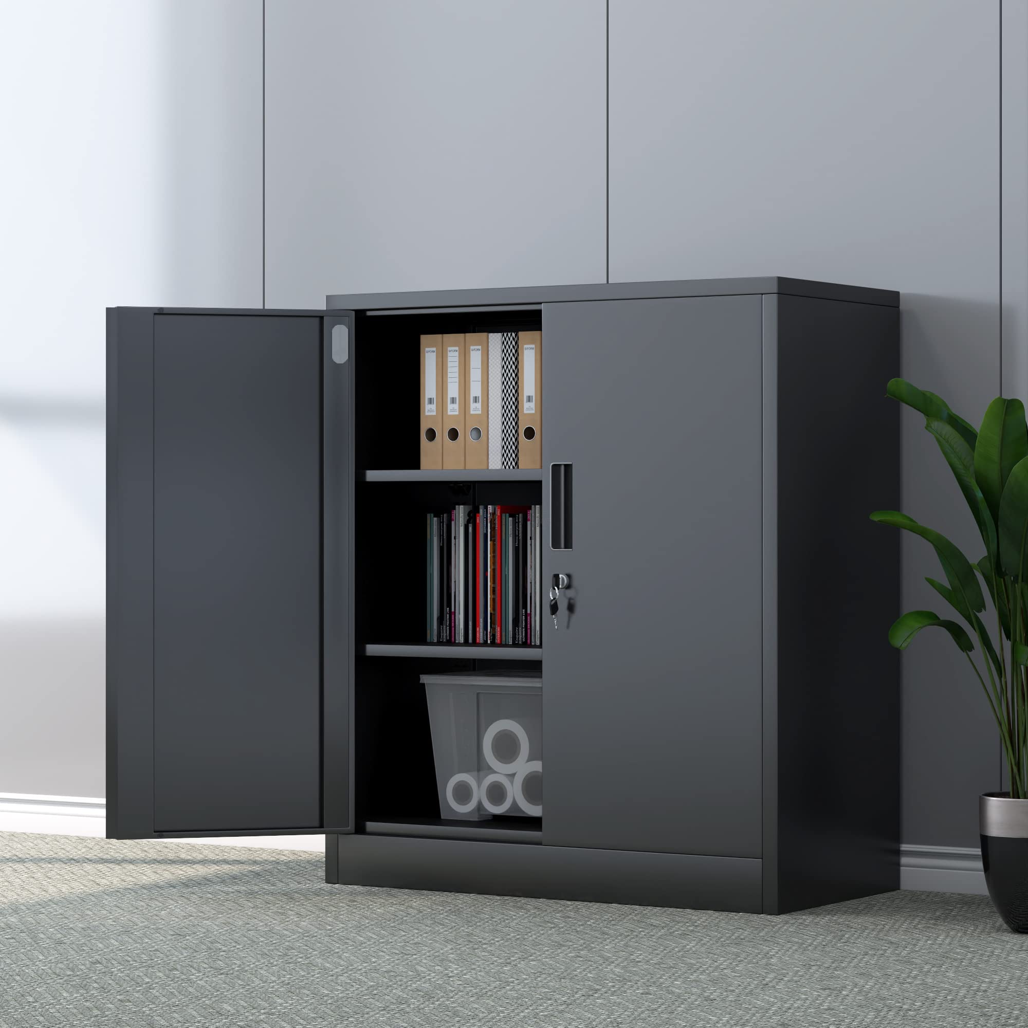 iJINGUR Metal Storage Cabinet with Locking Doors and 2 Adjustable Shelves, Small Lockable Steel Storage Cabinets for Garage Home Office Basement Pantry Classroom and Workshop (Black)