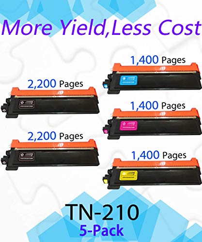 EASYPRINT (5-Pack, 2xBK+C+M+Y) Compatible TN210 TN-210 Toner Cartridges Used for Brother HL-3040CN, HL-3045CN, HL-3070CW, HL-3075CW, MFC-9010CN, MFC-9120CN, MFC-9125CN, MFC-9325CW, MFC-9320CW
