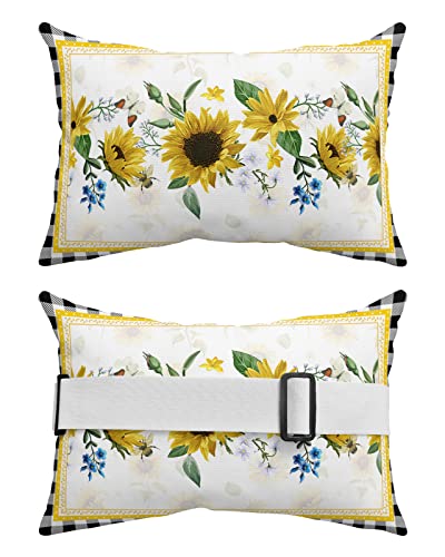 Recliner Head Pillow Ledge Loungers Chair Pillows with Insert Summer Rustic Sunflowers Yellow Black Plaid Lumbar Pillow with Adjustable Strap Outdoor Waterproof Patio Pillows for Beach Pool, 2 PCS