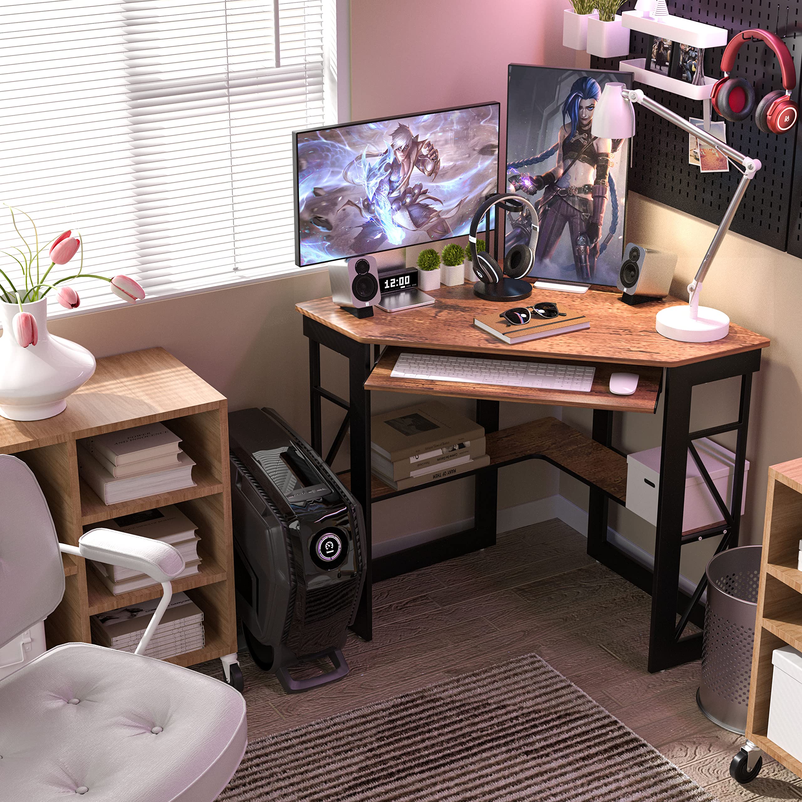 VECELO Corner Computer Desk 41 x 30 inches with Smooth Keyboard & Storage Shelves for Home Office Workstation, Antique Brown