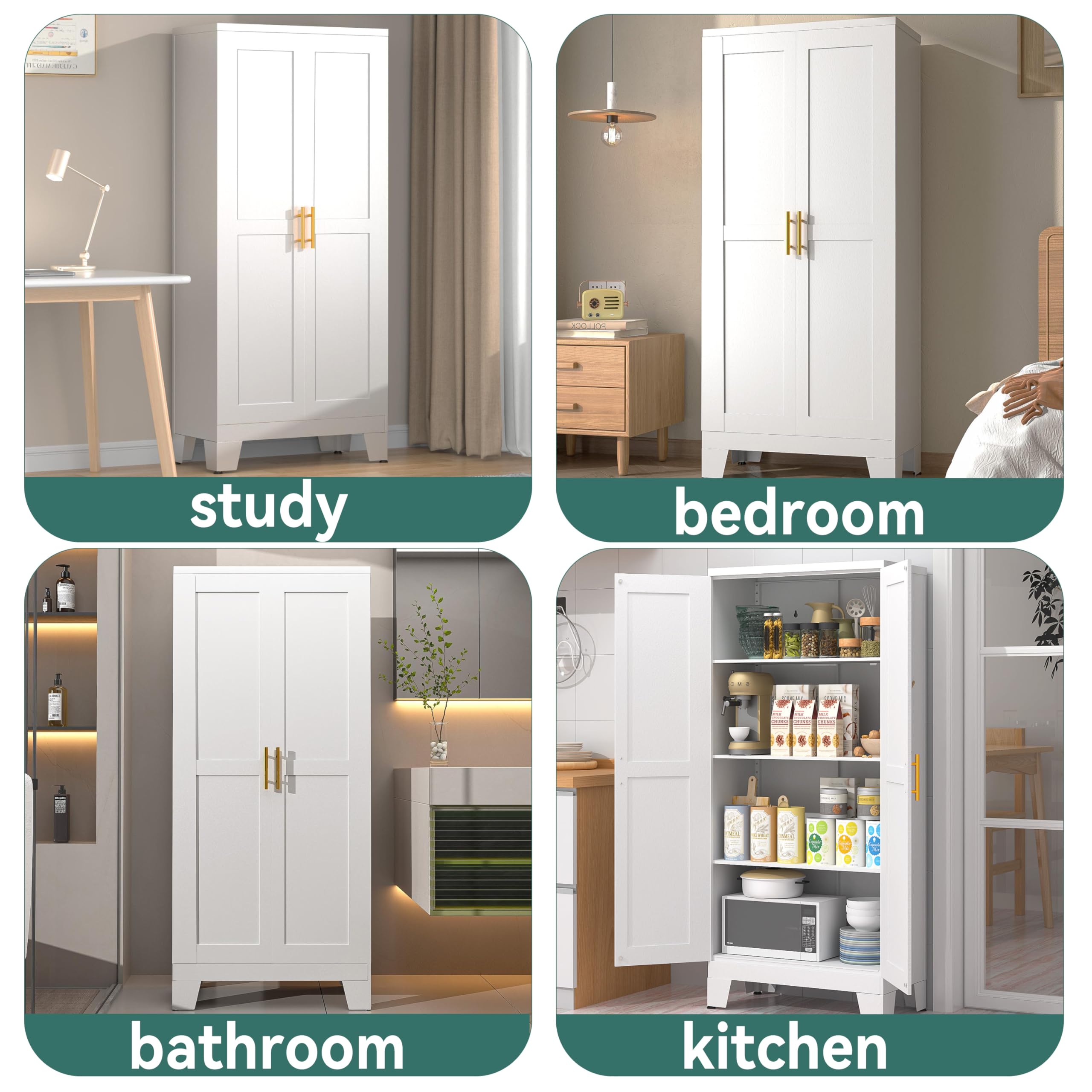 RISTERN White Kitchen Pantry Storage Cabinet, Steel Locker Storage Cabinet, Metal Storage Cabinet with Doors and 3 Adjustable Shelves, for Living Room, Laundry Room and Dinning Room