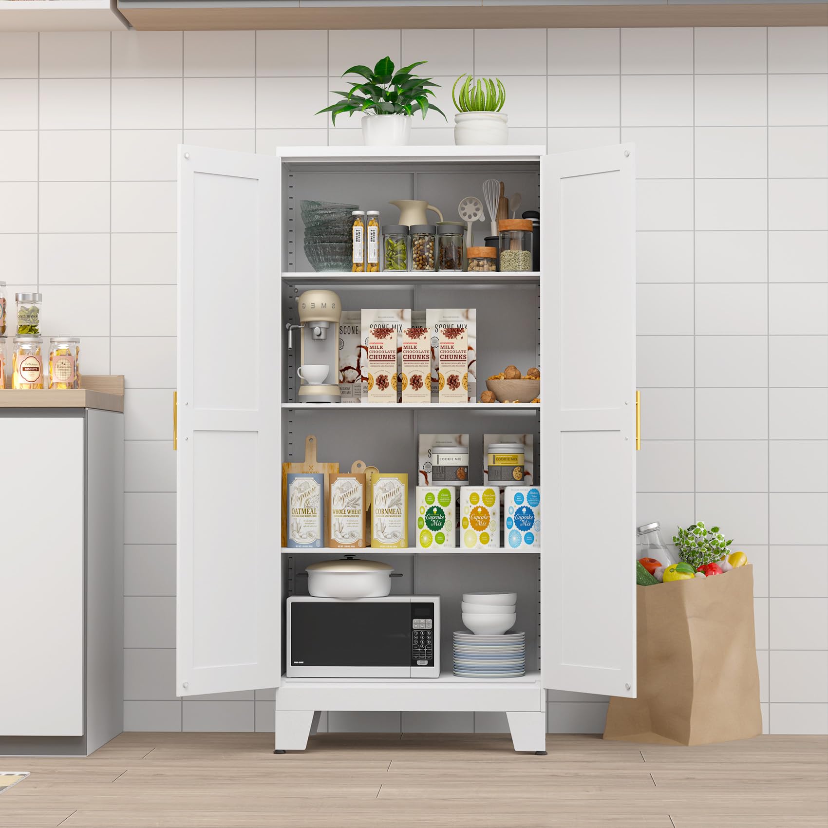 RISTERN White Kitchen Pantry Storage Cabinet, Steel Locker Storage Cabinet, Metal Storage Cabinet with Doors and 3 Adjustable Shelves, for Living Room, Laundry Room and Dinning Room