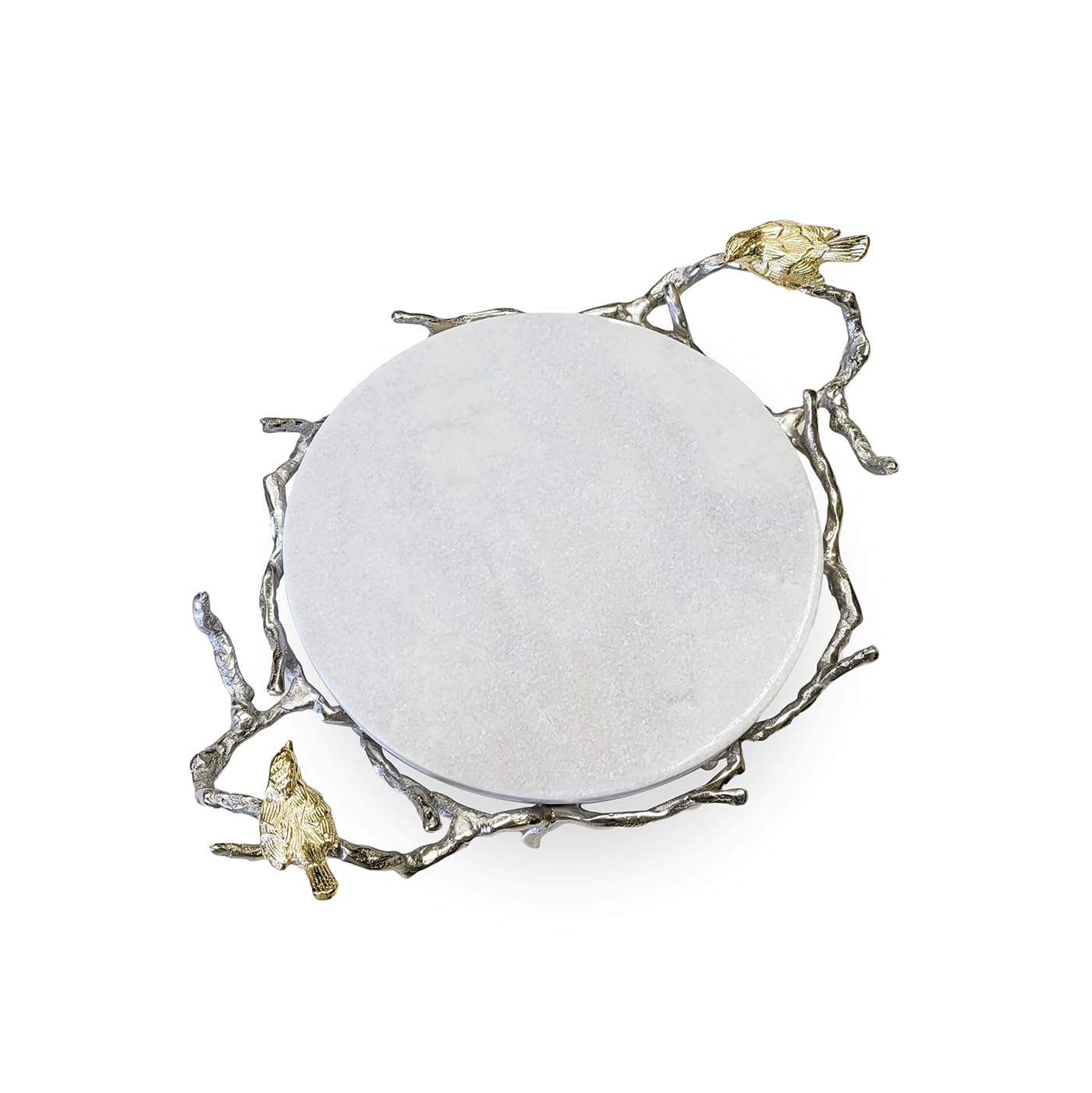 Vespa 17" Branch with Birds Decorative Round Marble Tray, White Marble