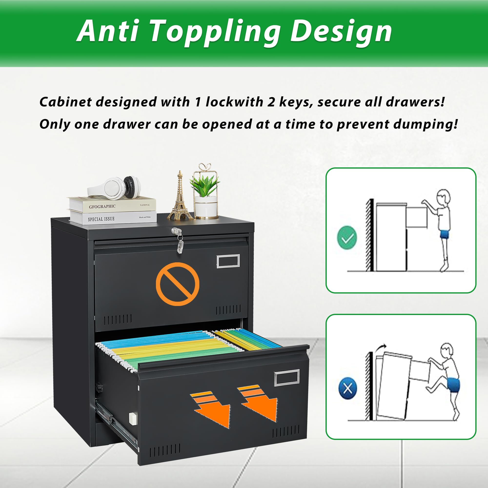 Nanberone Lateral File Cabinet, 2 Drawer Metal Lateral Filing Cabinet Hanging File with Lock for for Legal/Letter/F4 Size, Large Printer Stand Lockable File Cabinets for Home Office School, Black