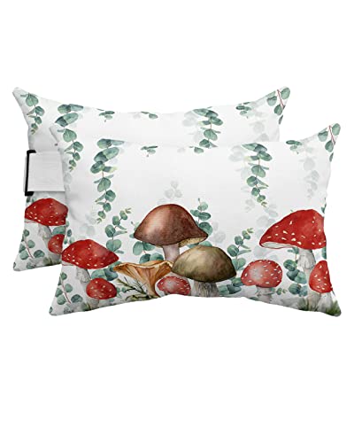 Recliner Head Pillow Ledge Loungers Chair Pillows with Insert Farmhouse Eucalyptus Leaves and Red Mushroom Lumbar Pillow with Adjustable Strap Outdoor Waterproof Patio Pillows for Beach Pool, 2 PCS