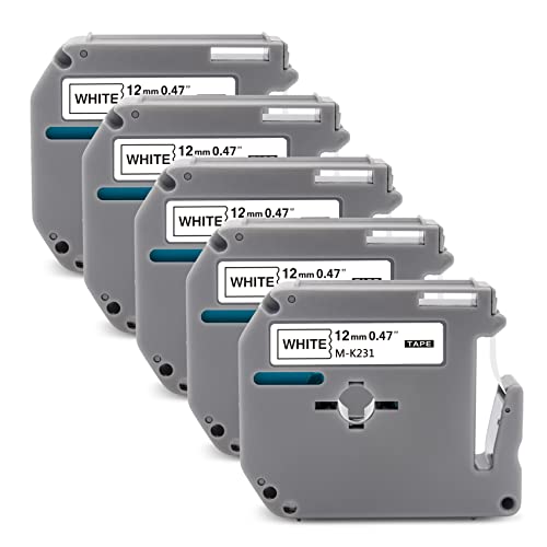5PK 12mm 0.47 M-K231s M Tape Compatible with Brother M Tape 12mm 0.47 White M-k231 M-k231s,Black on White for Brother 12mm 1/2 M Tape Label Maker Tape for Brother PTouch PT-65 PT-90 PT-M95 PT-70BM