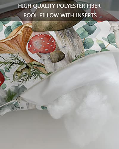 Recliner Head Pillow Ledge Loungers Chair Pillows with Insert Farmhouse Eucalyptus Leaves and Red Mushroom Lumbar Pillow with Adjustable Strap Outdoor Waterproof Patio Pillows for Beach Pool, 2 PCS